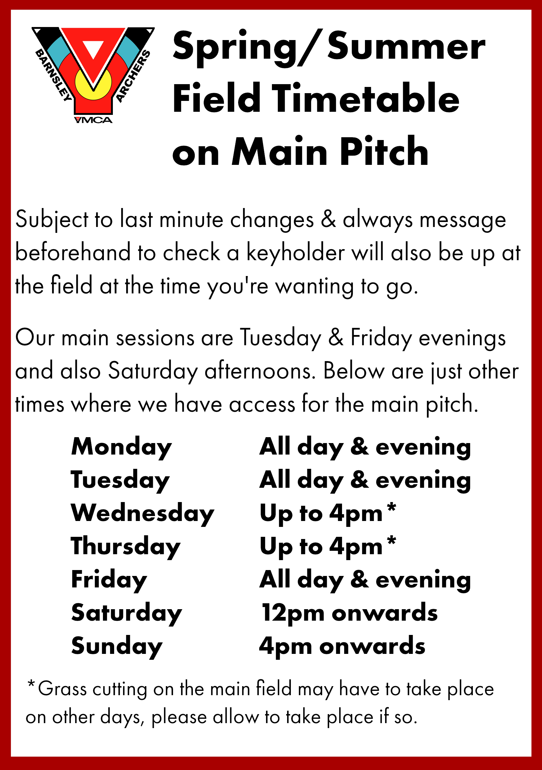 2023 Outdoor Season Main Field Timetable – Barnsley YMCA Archers club
